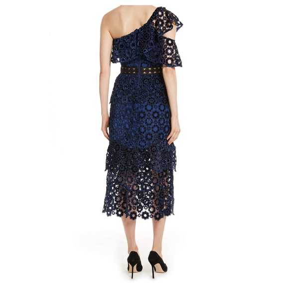 Self-Portrait | Dresses | Selfportrait Navy One Shoulder Velvet Lace ...